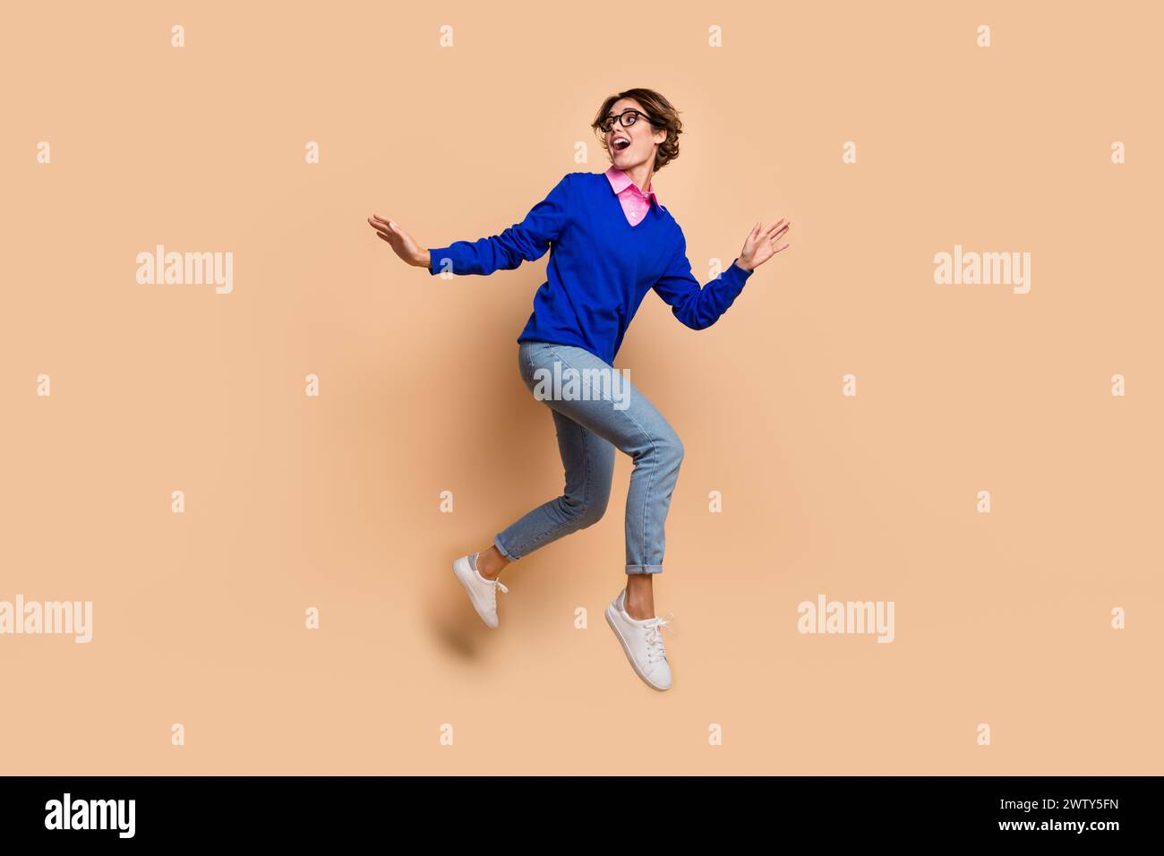Full length profile portrait of cheerful pretty person jump run look ...