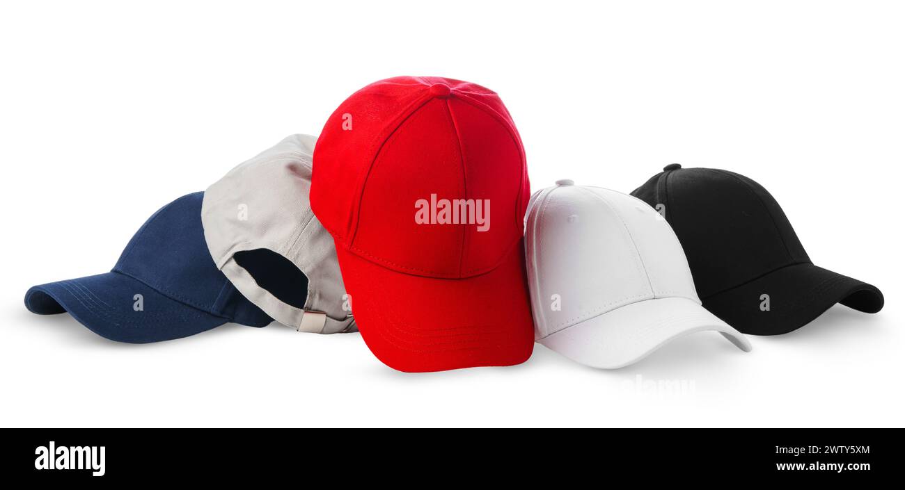 Colorful Assortment of Baseball Caps and a Ball on White Background ...