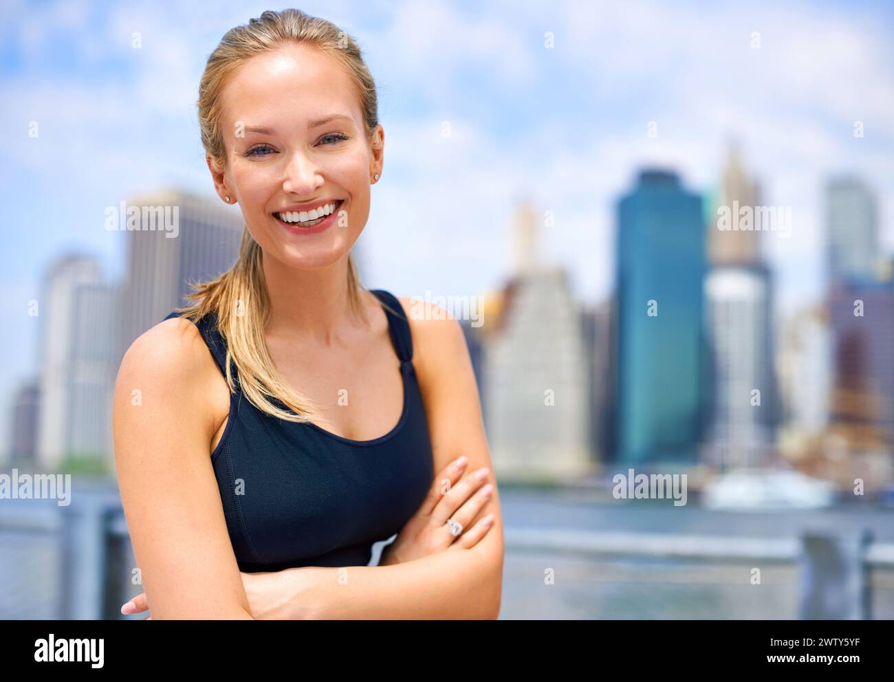 Workout, portrait and woman with arms crossed for fitness, morning ...