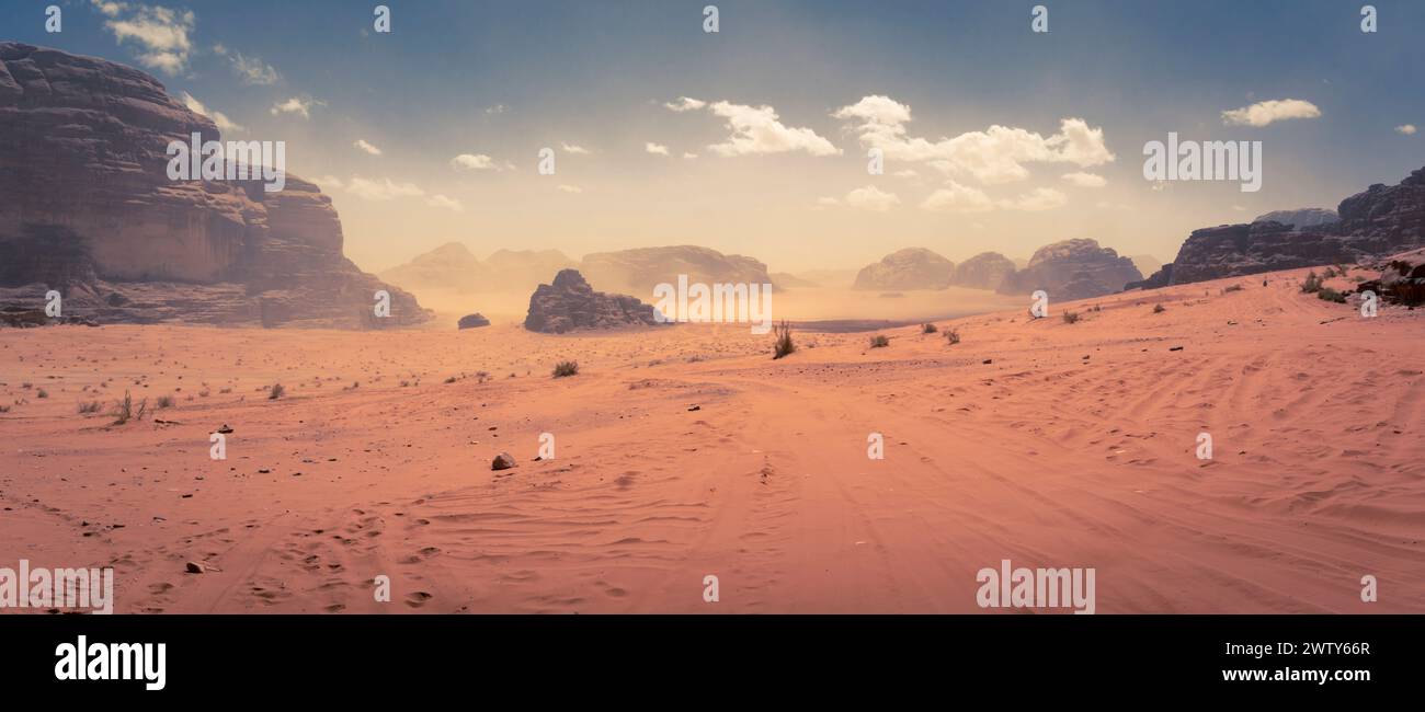 Desert scene at Wadi Rum, Jordan, light sand storm in the distance ...