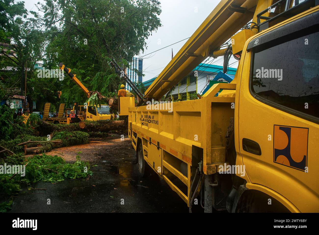 Medan City, Indonesia. 20th Mar, 2024. Officers cut trees that fell due ...