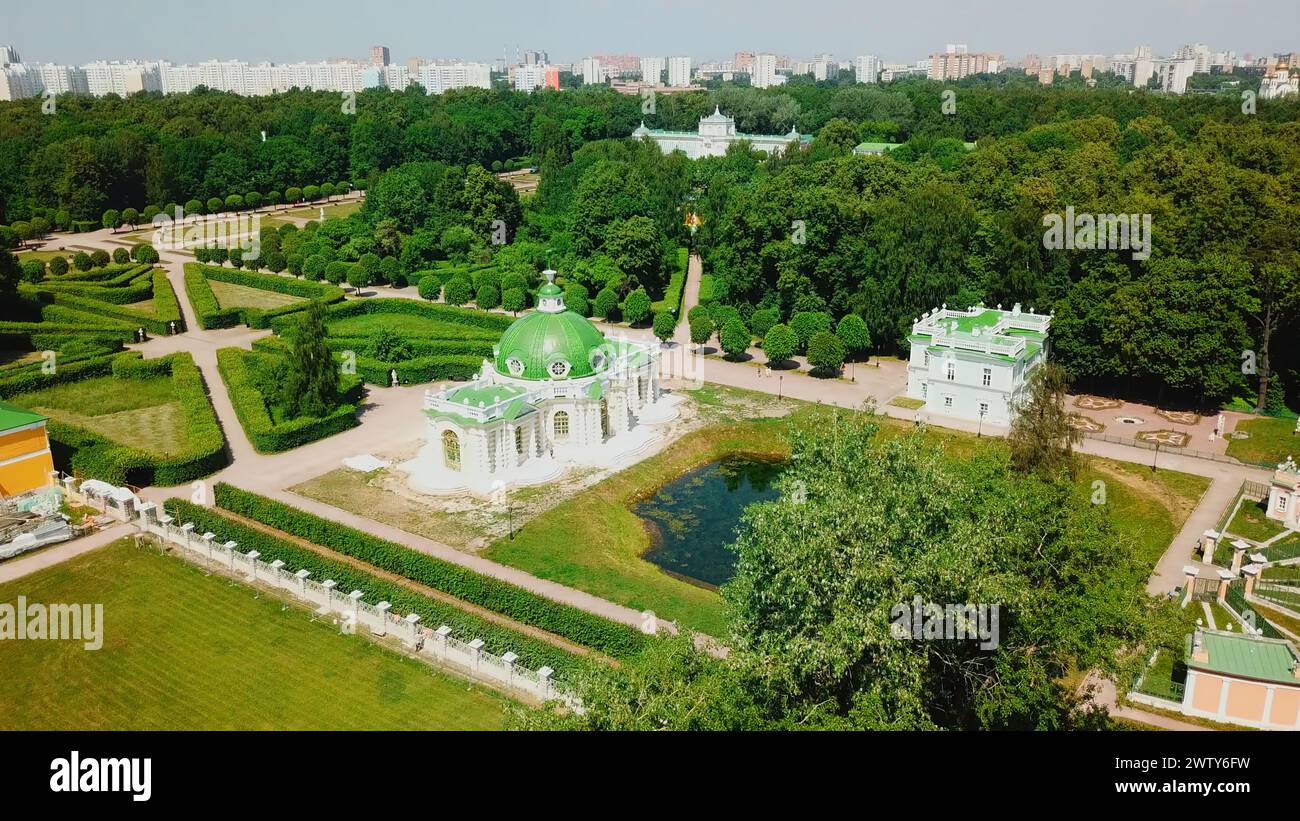 Top view of palace complex with park and pond. Creative. Landscape of ...