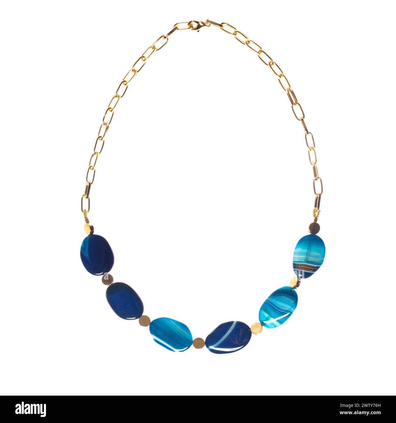 Bright blue jewelry necklace with semiprecious stones and gold chain ...