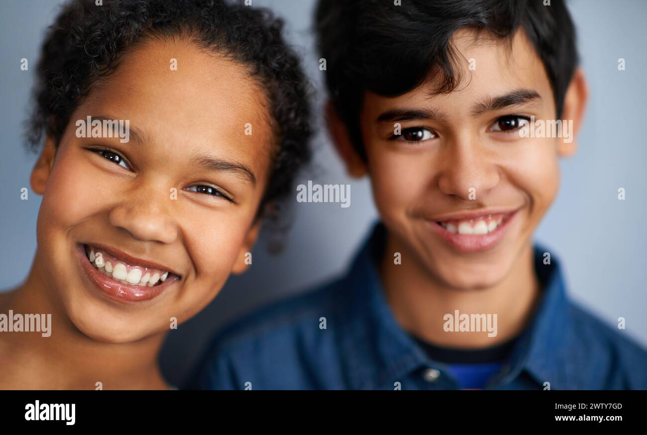 Happy family, siblings or portrait in studio, closeup and bonding ...