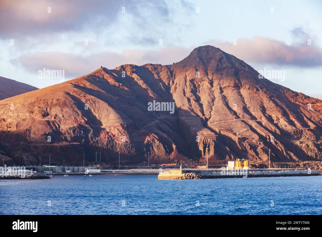 Coastal landscape of the main Port of Porto Santo island in Madeira ...