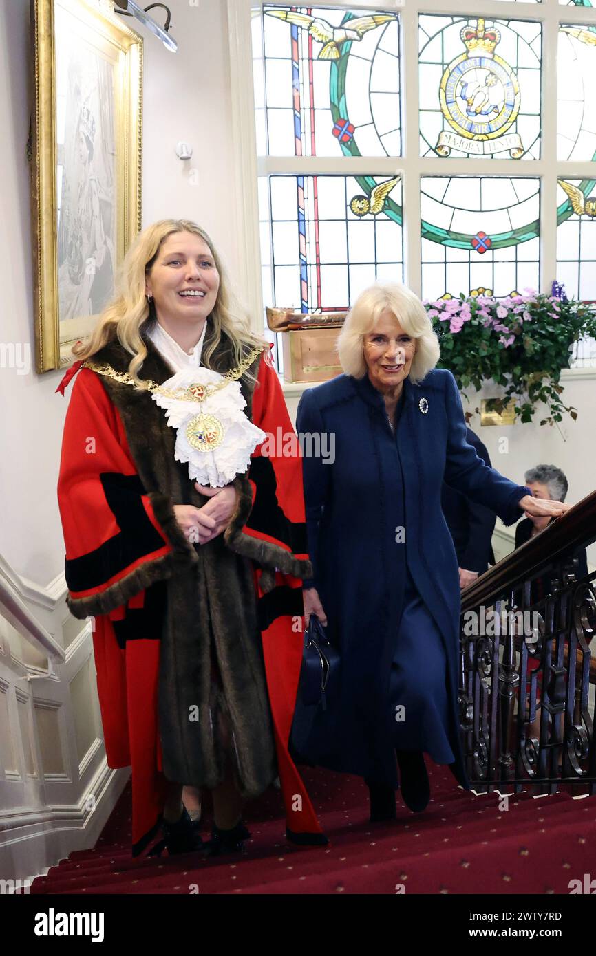 Queen Camilla and Mayor of Douglas, Natalie Byron-Teare (left), at ...