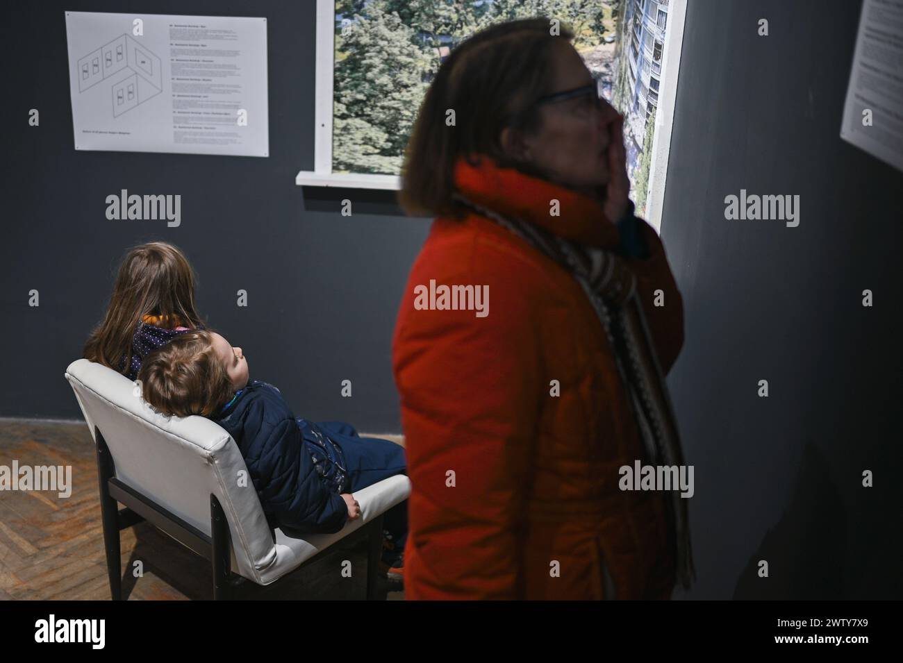 LVIV, UKRAINE - MARCH 19, 2024 - Young visitors of the exhibition "Here ...
