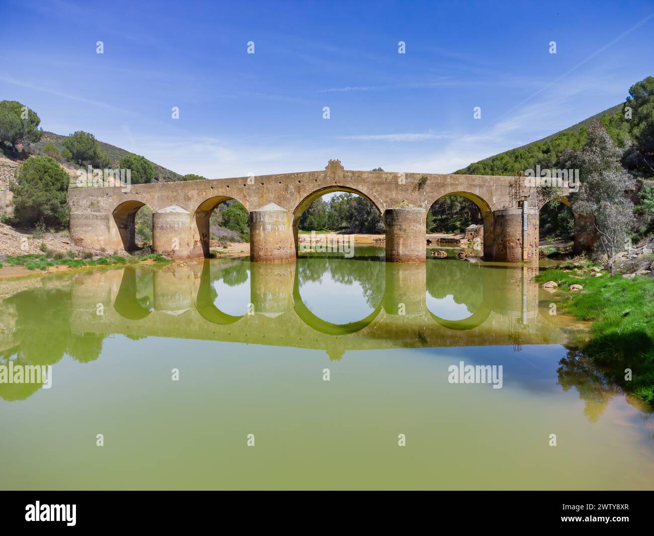 Aerial drone view of roman bridge in the hiking route of the water ...