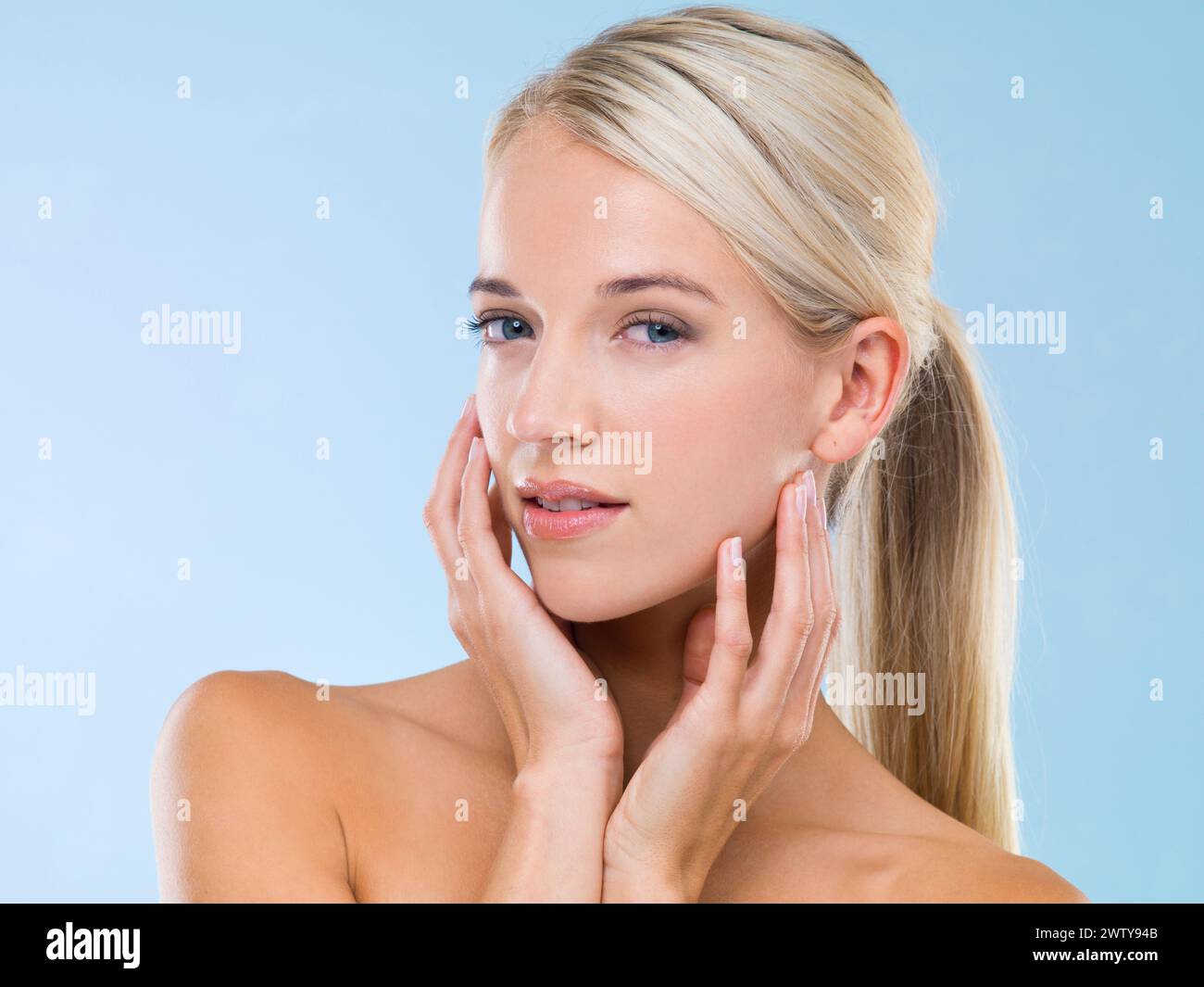 Health, portrait and woman with skincare cosmetics in studio with ...