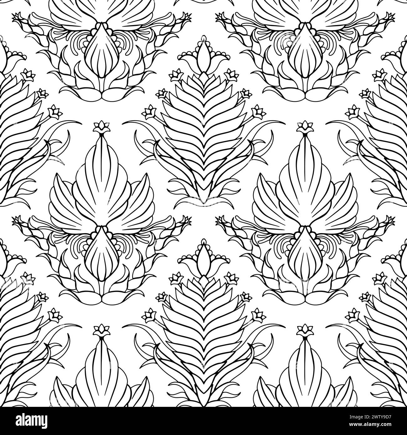 Seamless black outlined modern Damask pattern on a white background ...