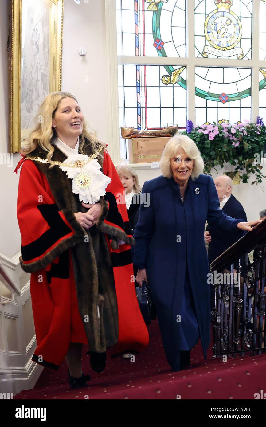 Queen Camilla and Mayor of Douglas, Natalie Byron-Teare (left), at ...