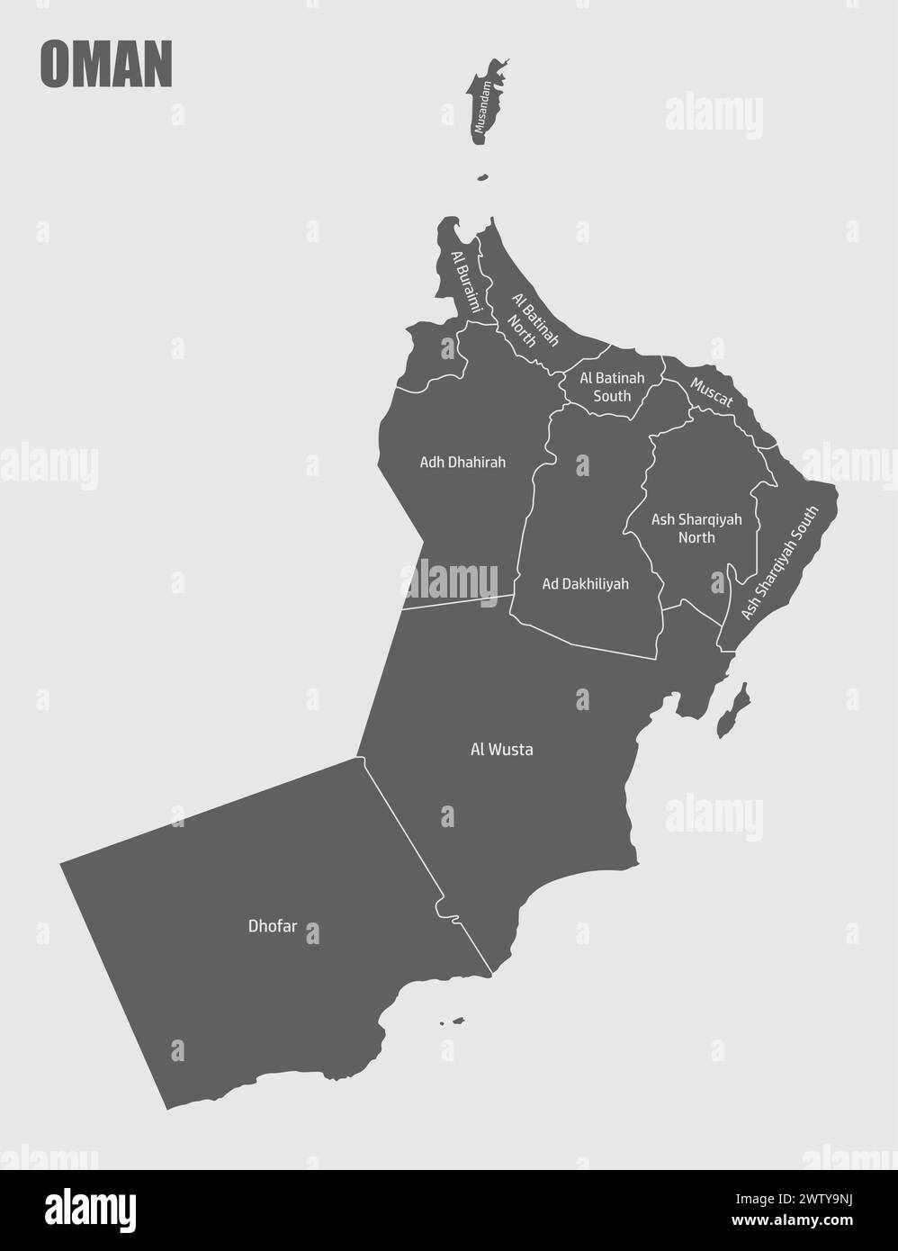 The administrative map of Oman isolated on gray background Stock Vector ...