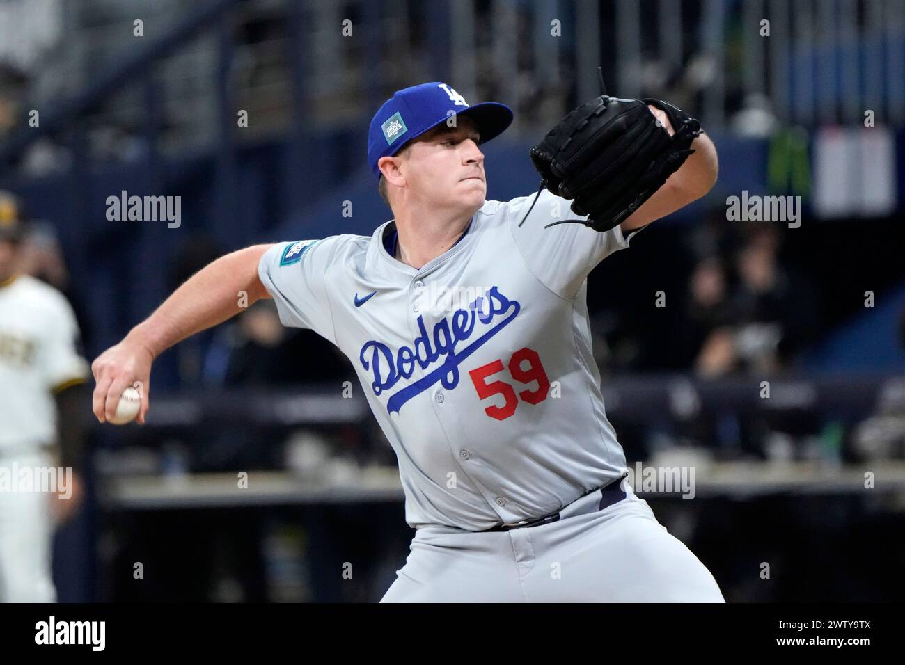 Los Angeles Dodgers relief pitcher Evan Phillips throws to the plate ...