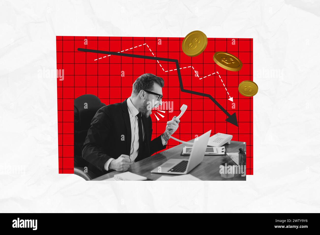 Composite photo collage of angry man shout telephone receiver arrow ...