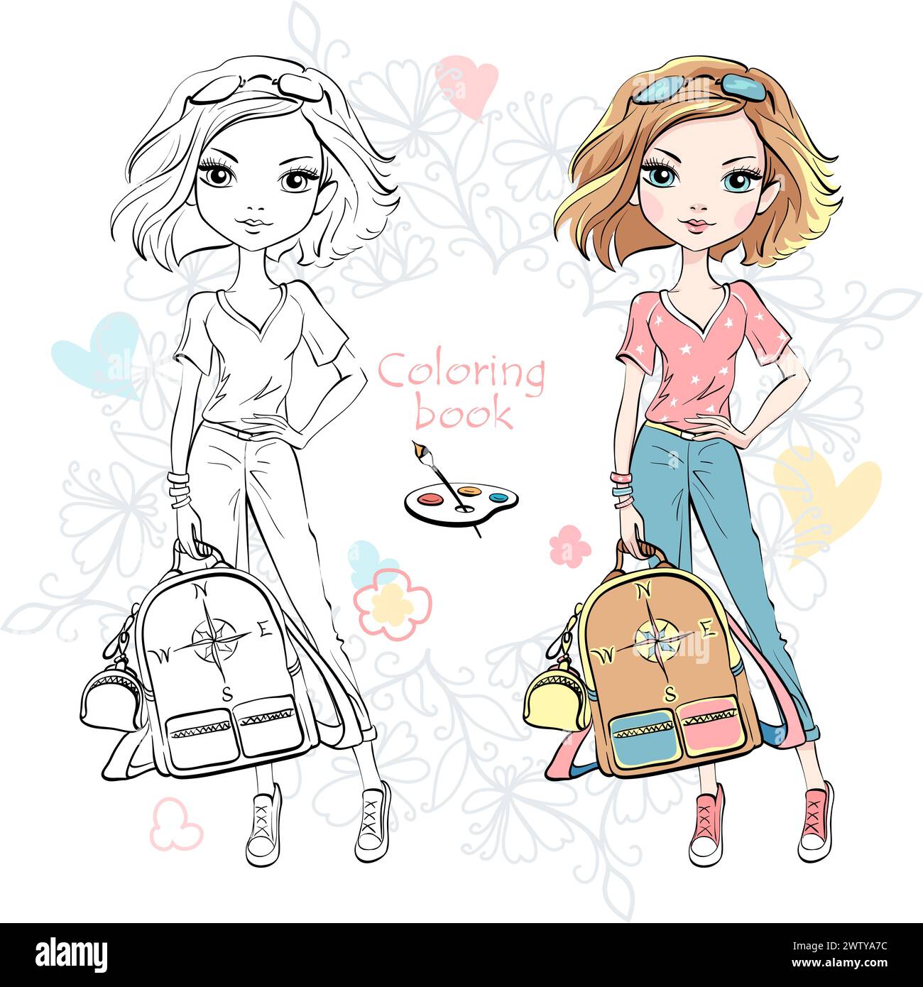 Vector Coloring Book of cute fashion blond girl traveler Stock Vector ...