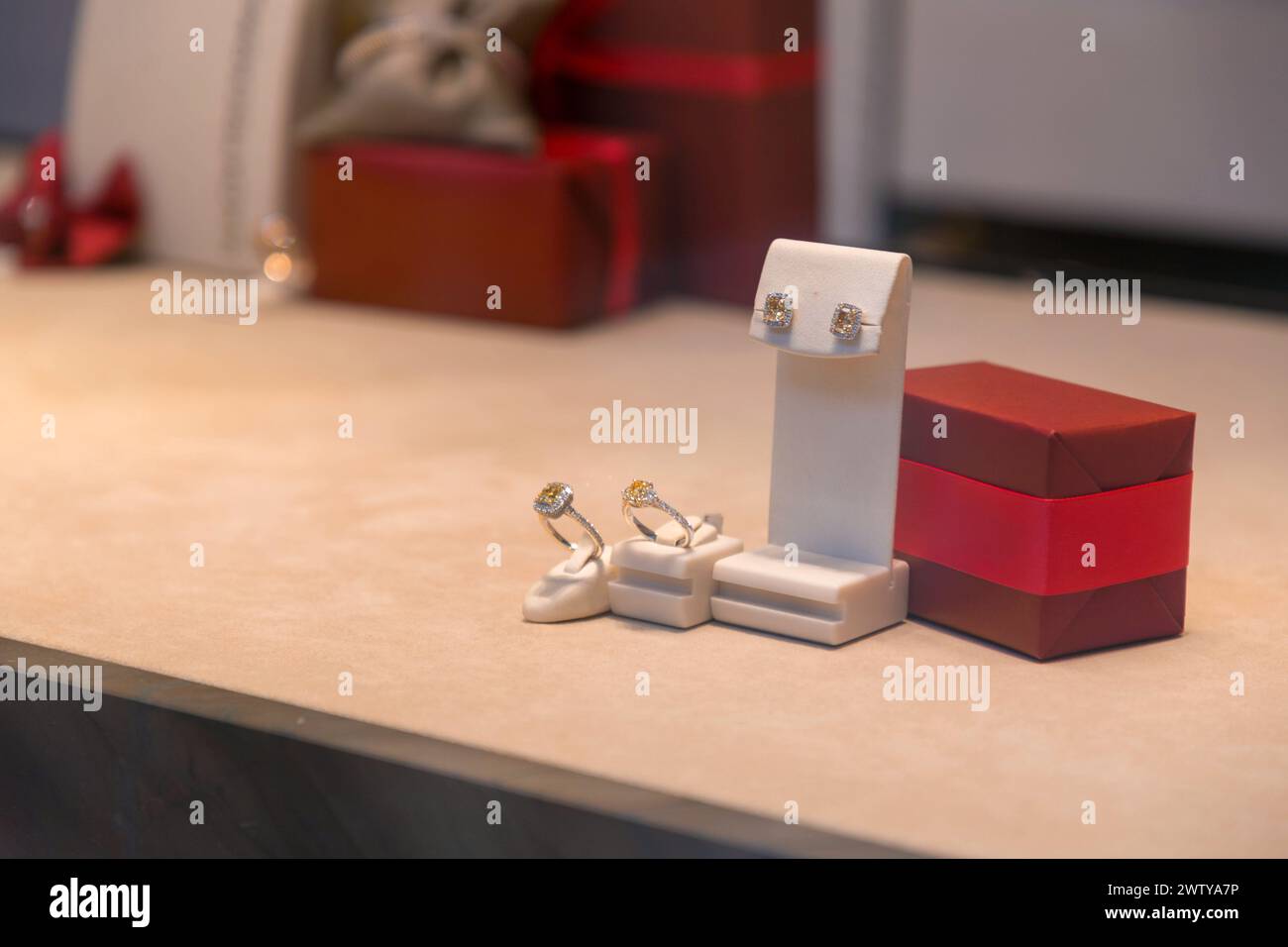 Luxurious and elegant diamond accessories displayed on a window of a ...