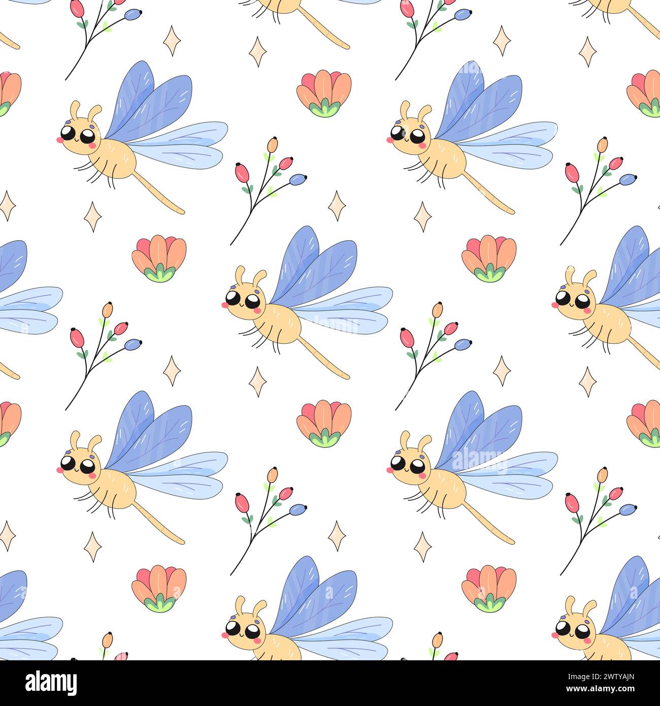 Seamless pattern,cute simple dragonfly,bug insect,cartoon,baby,on white ...