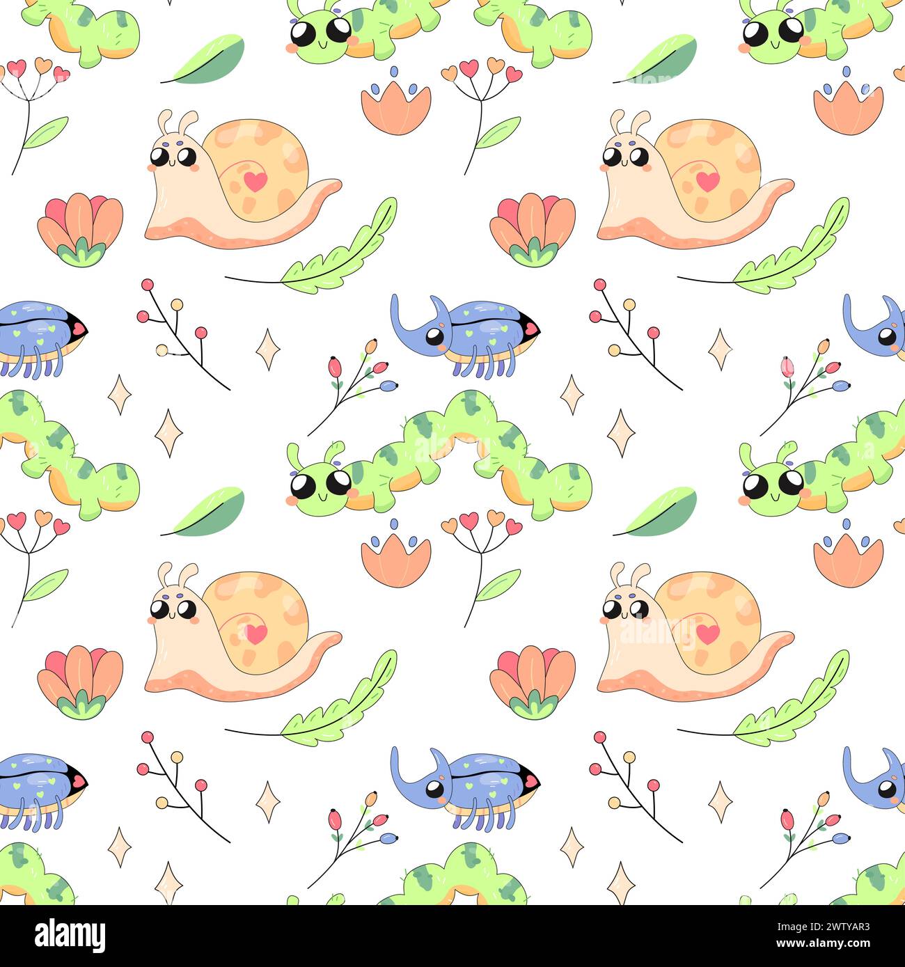 Seamless pattern, cute simple bugs, snail, insects cartoon baby, on ...