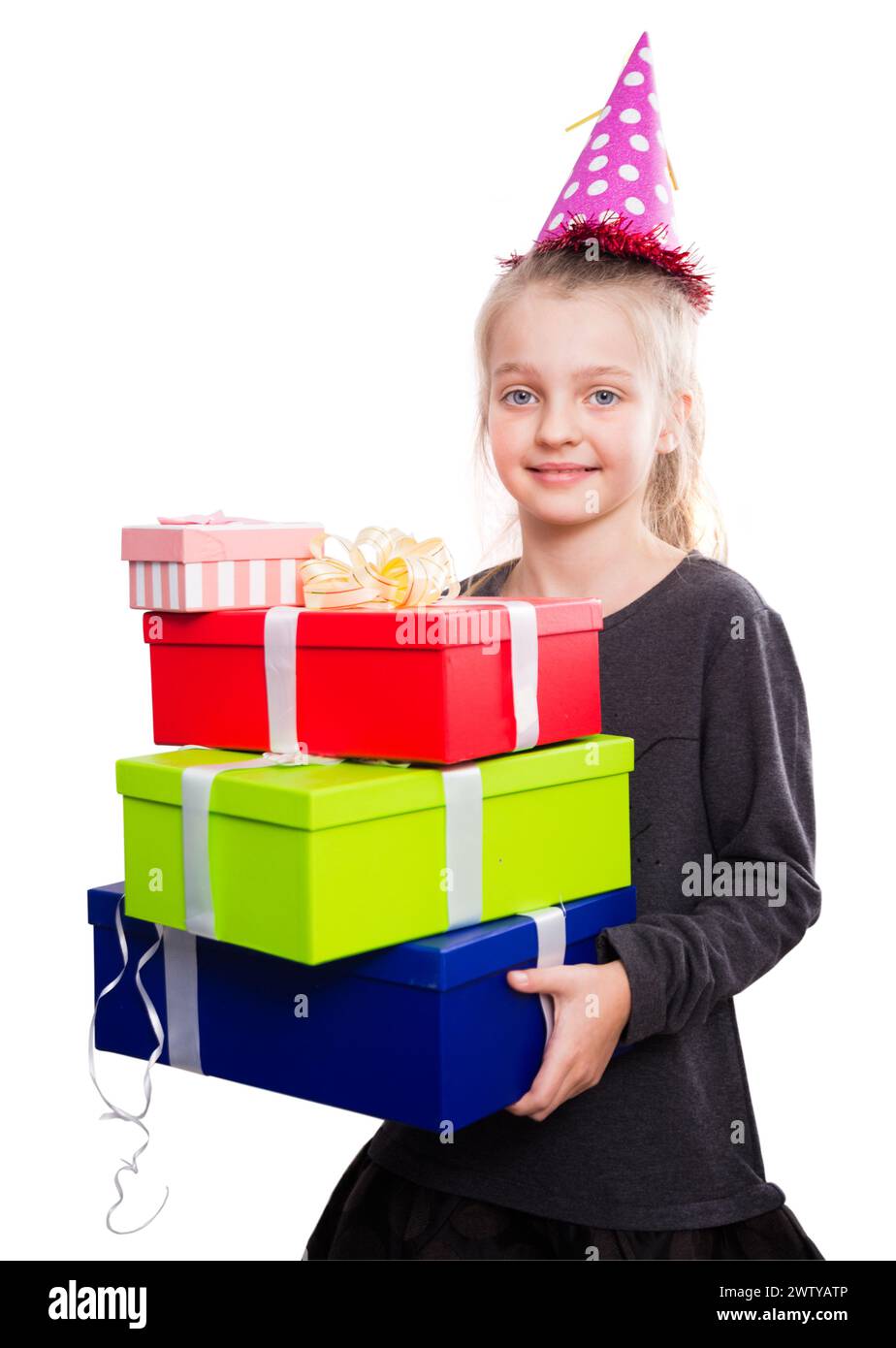 Child with a lot of gift boxes in hands on isolated background Stock ...