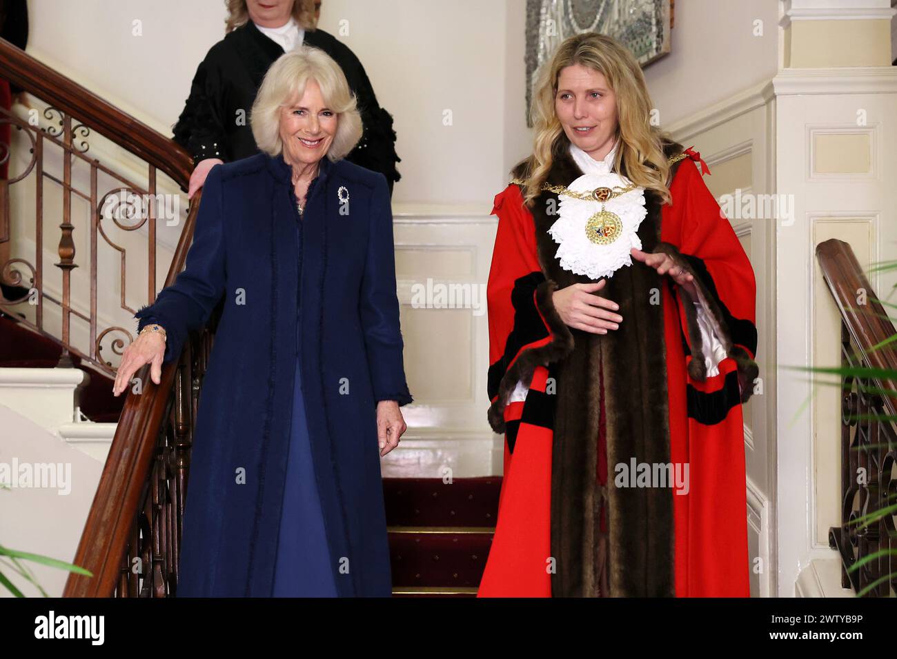 Queen Camilla and Mayor of Douglas, Natalie Byron-Teare (right), depart ...