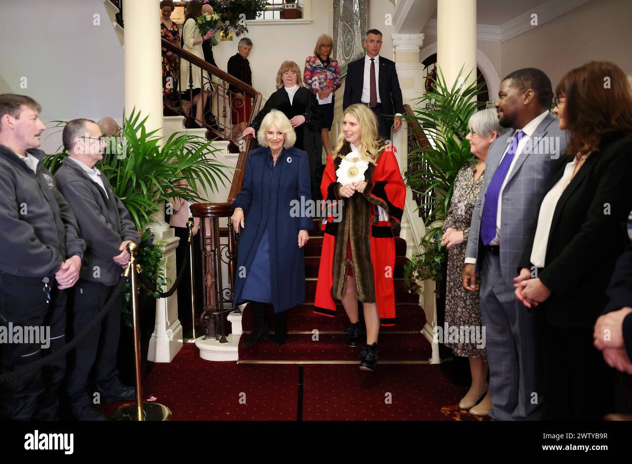 Queen Camilla and Mayor of Douglas, Natalie Byron-Teare (right), depart ...