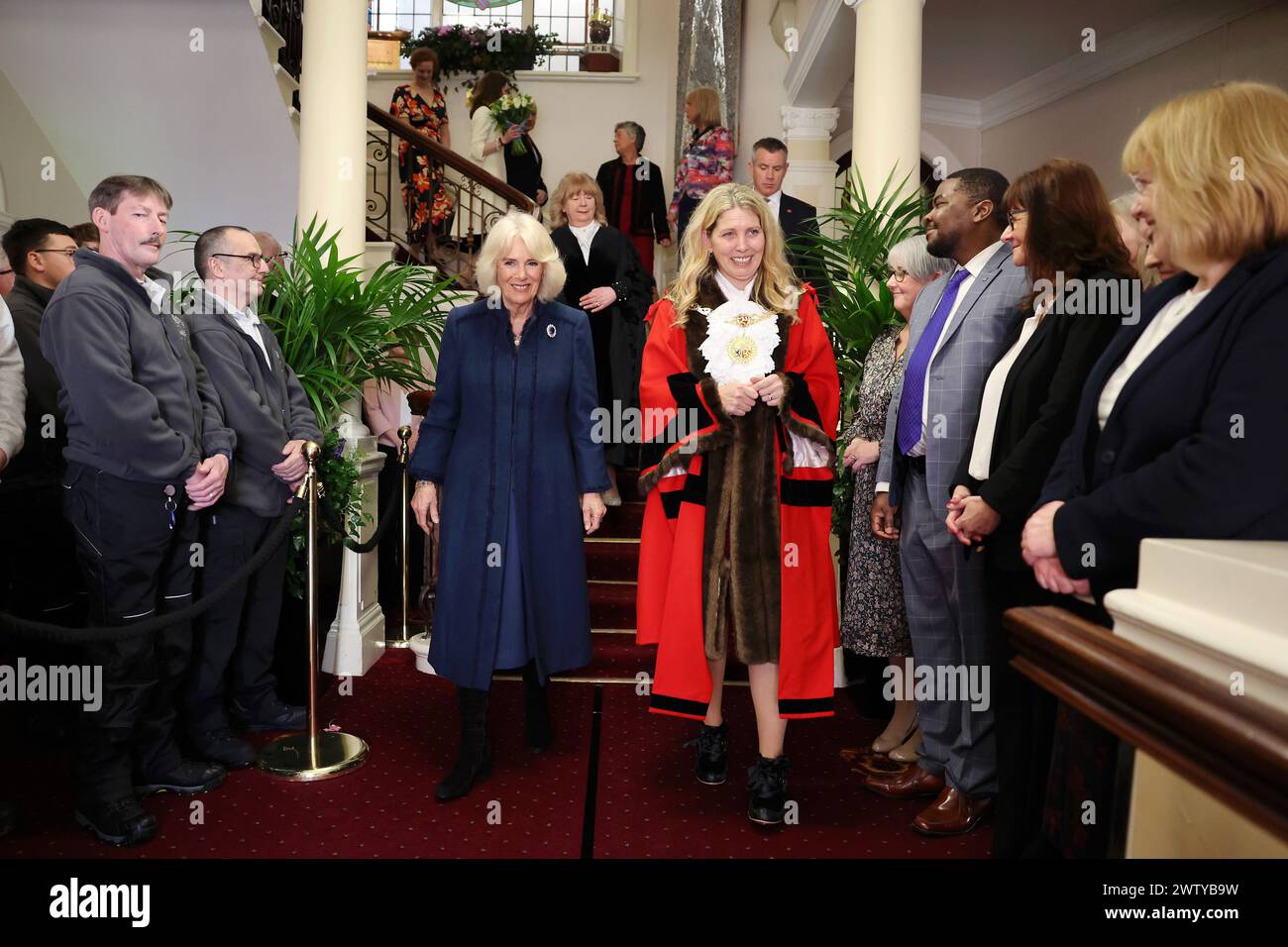 Queen Camilla and Mayor of Douglas, Natalie Byron-Teare (right), depart ...
