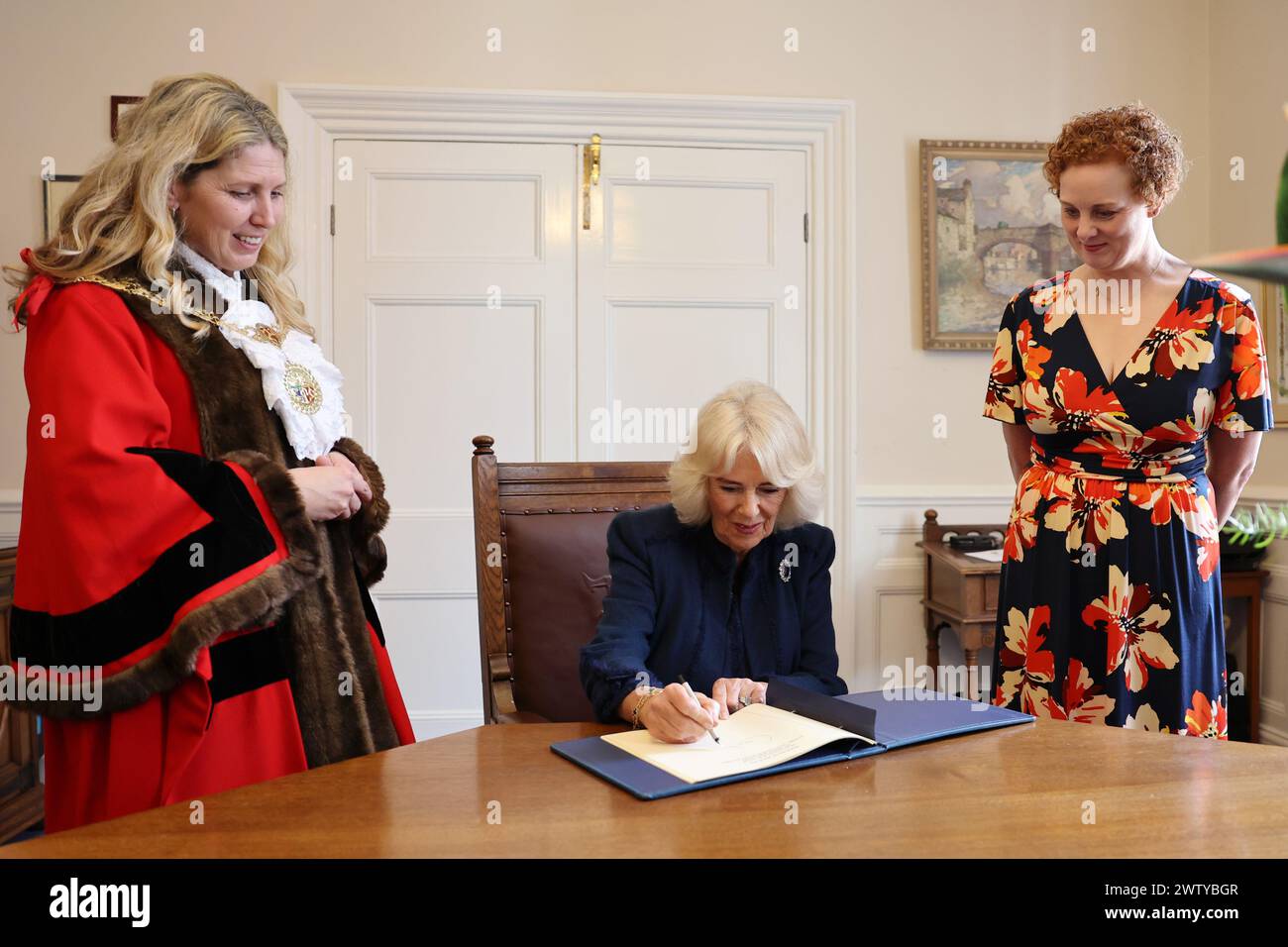 Queen Camilla, Mayor of Douglas, Natalie Byron-Teare (left) and Leader ...