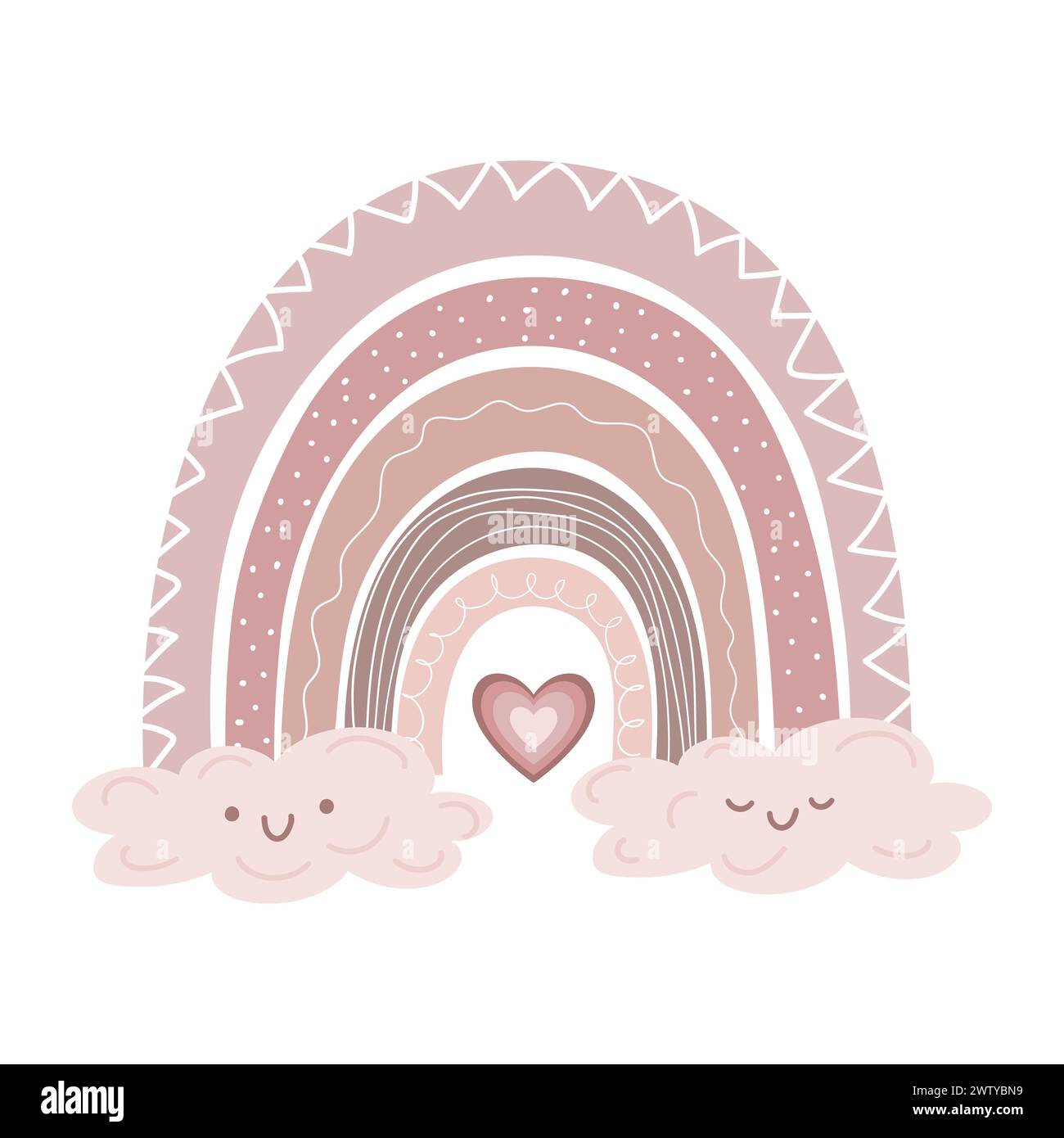 Hand drawn trendy rainbow decorated with cute clouds. Scandinavian ...