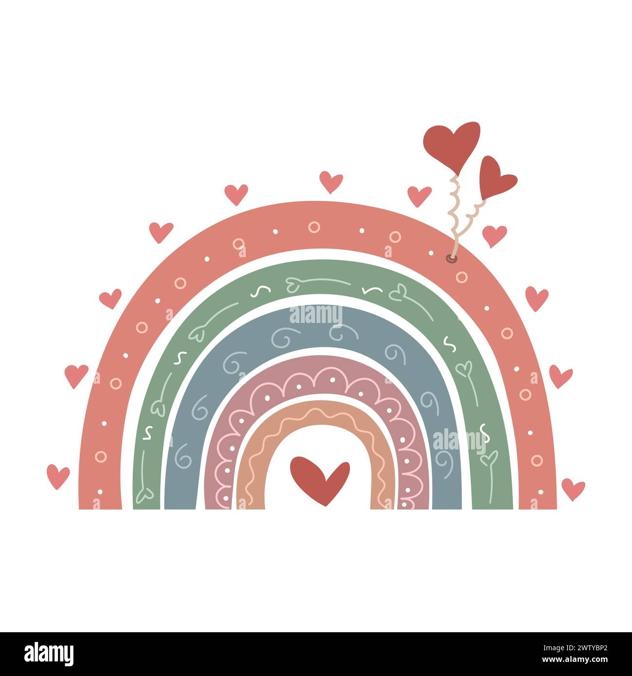 Hand drawn trendy rainbow decorated with hearts. Scandinavian rainbow ...