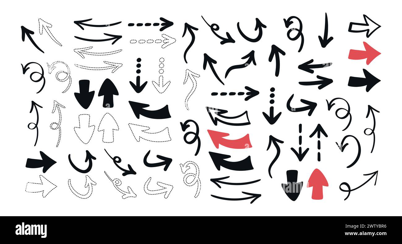 Hand drawn arrows collection. Arrows with different shapes, dotted ...