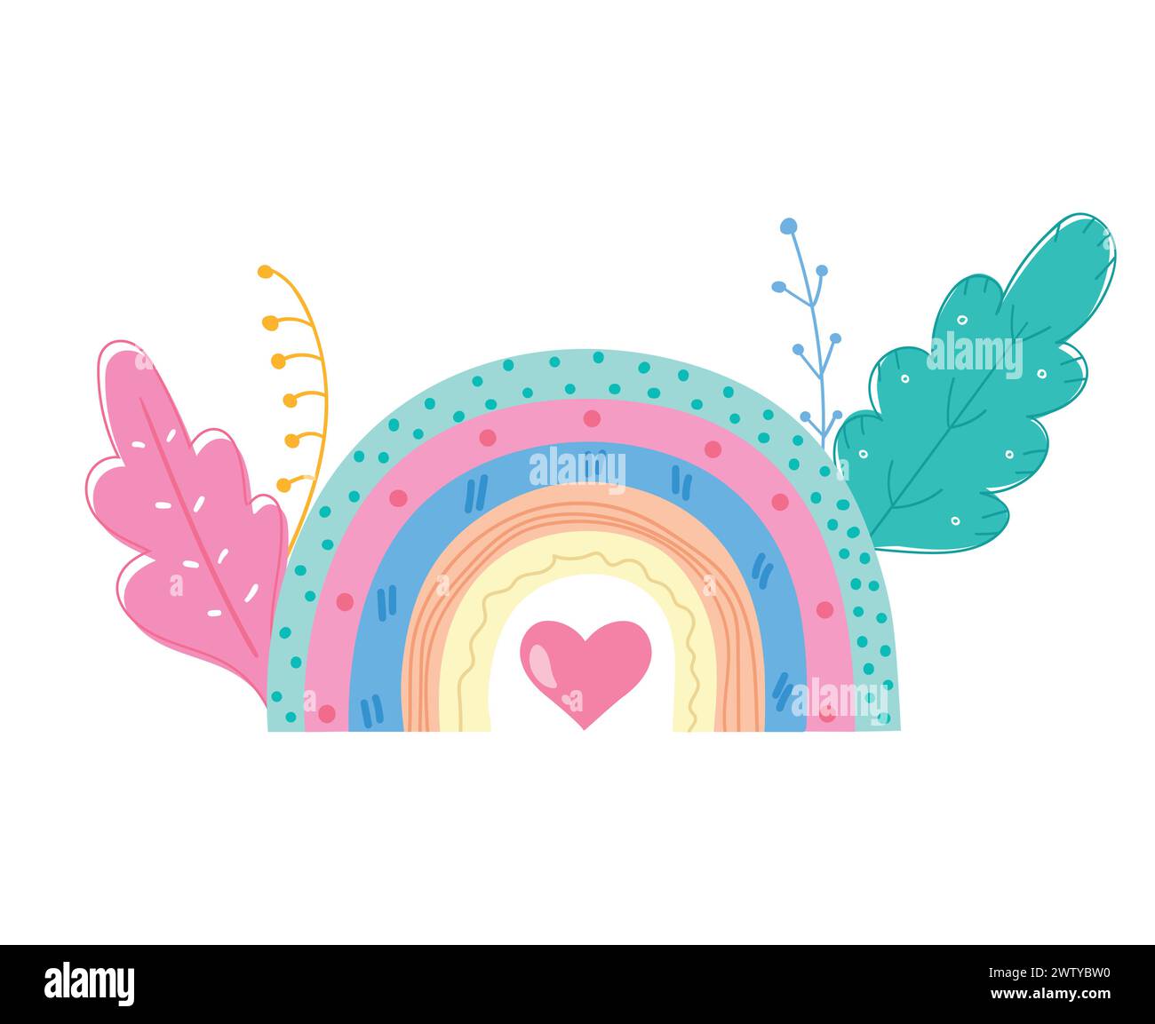 Hand drawn trendy rainbow decorated with plants. Scandinavian rainbow ...