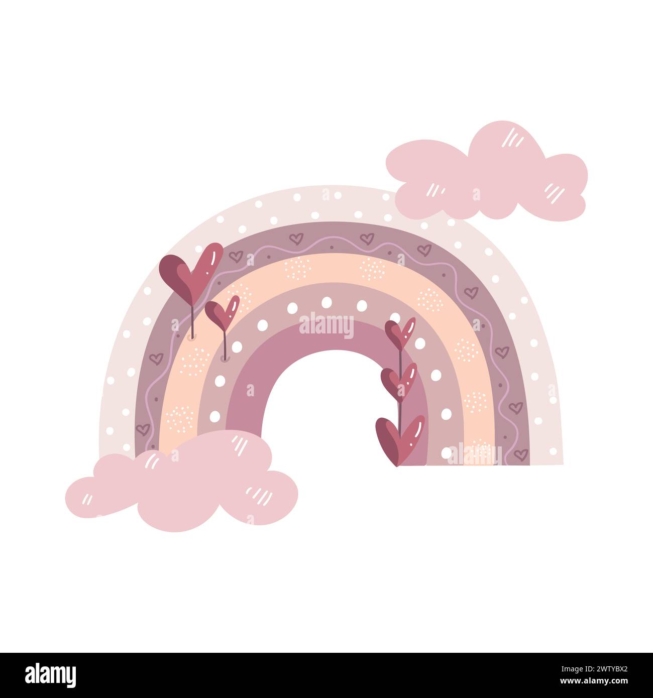 Hand drawn trendy rainbow decorated with hearts and clouds ...