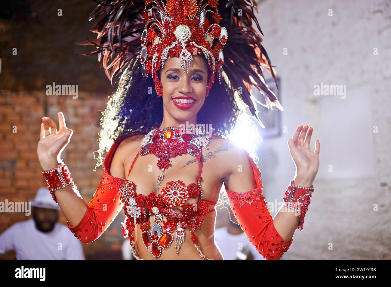 Portrait, dance and costume for Brazilian female dancer, celebration and traditional festival ...