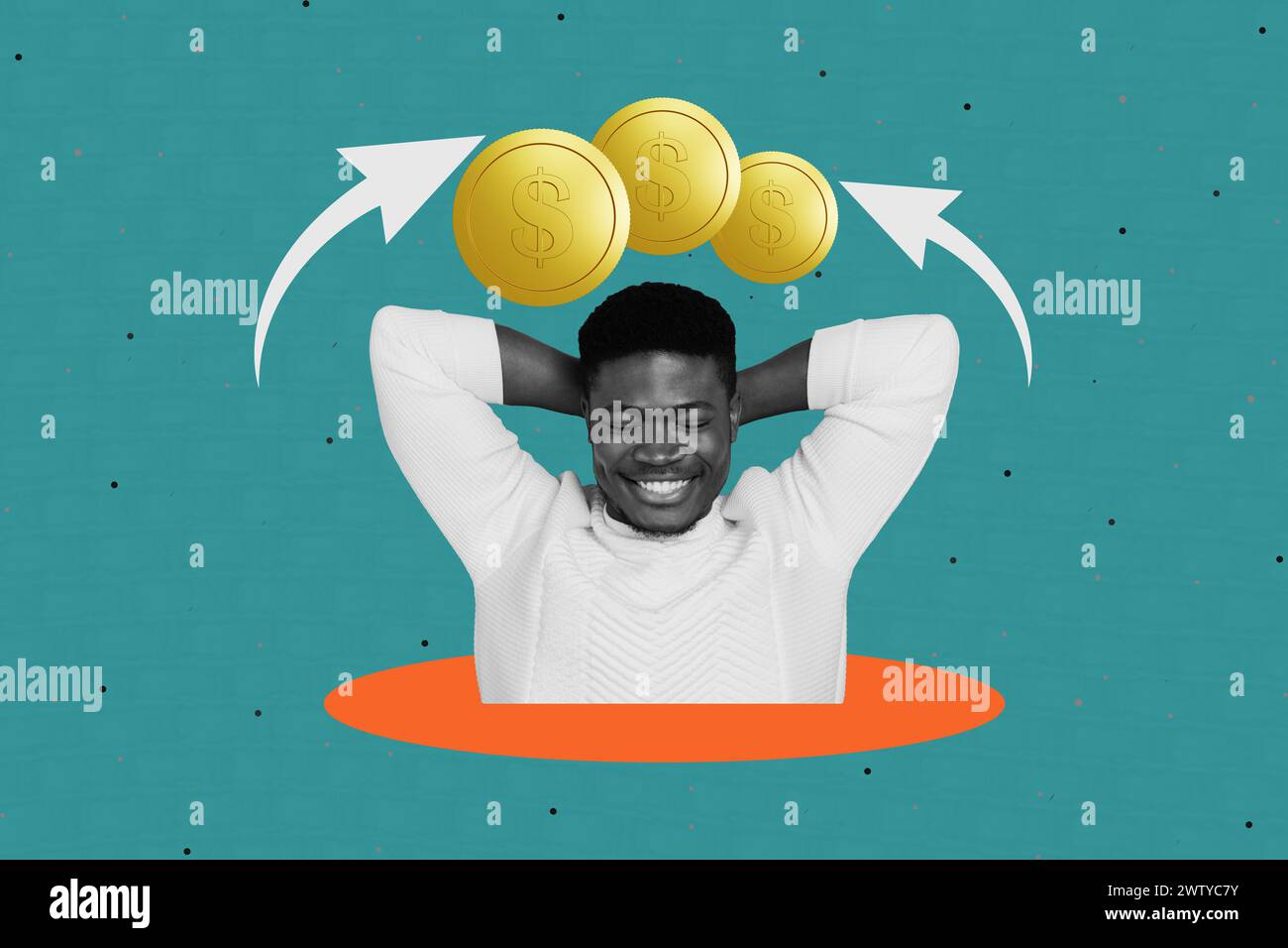 Creative collage picture happy lying rich young guy bitcoin golden ...