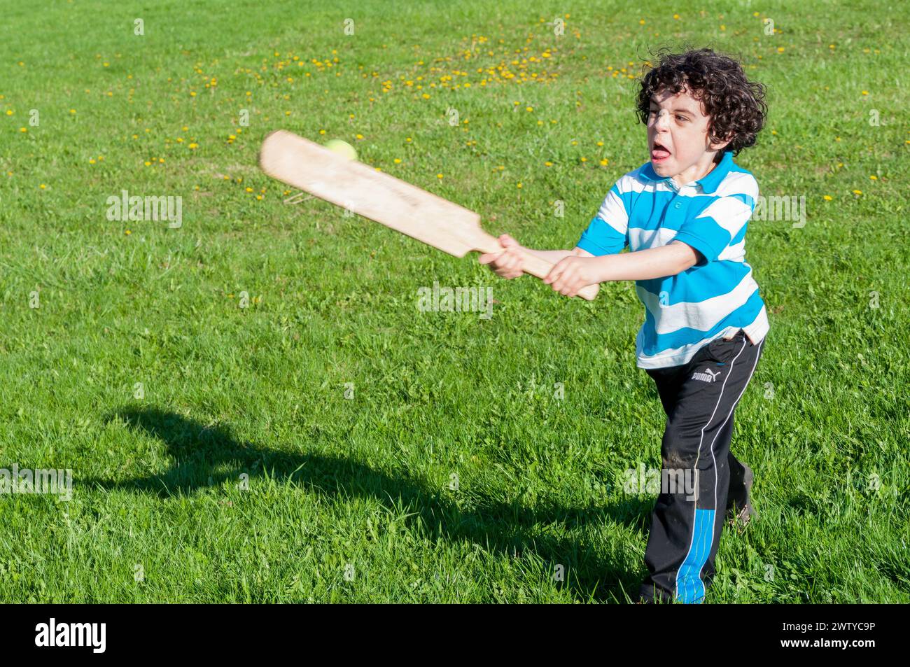 child boy playing baseball in a public park, he is batting Stock Photo ...