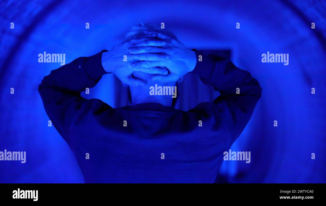 Visualization of how man with claustrophobia feels anxiety in a small ...