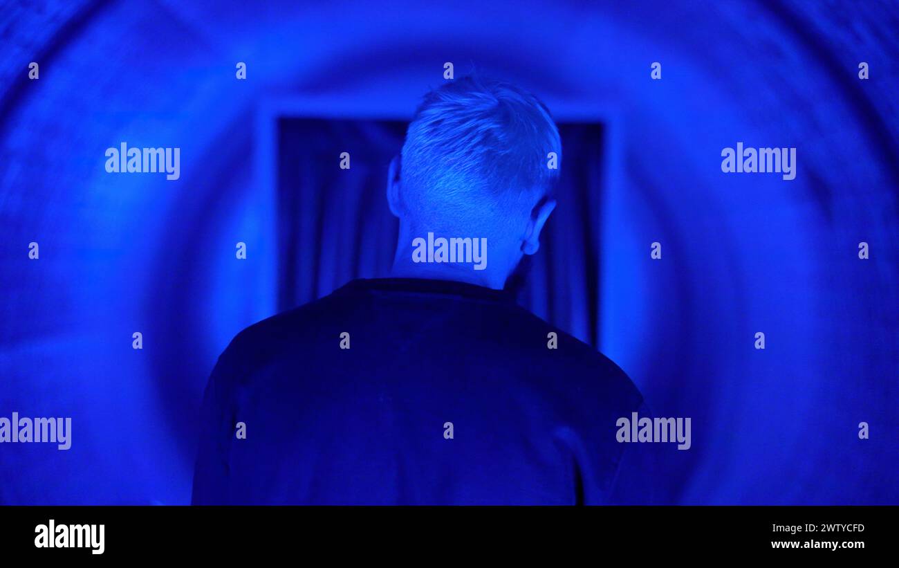 Visualization of how man with claustrophobia feels anxiety in a small ...
