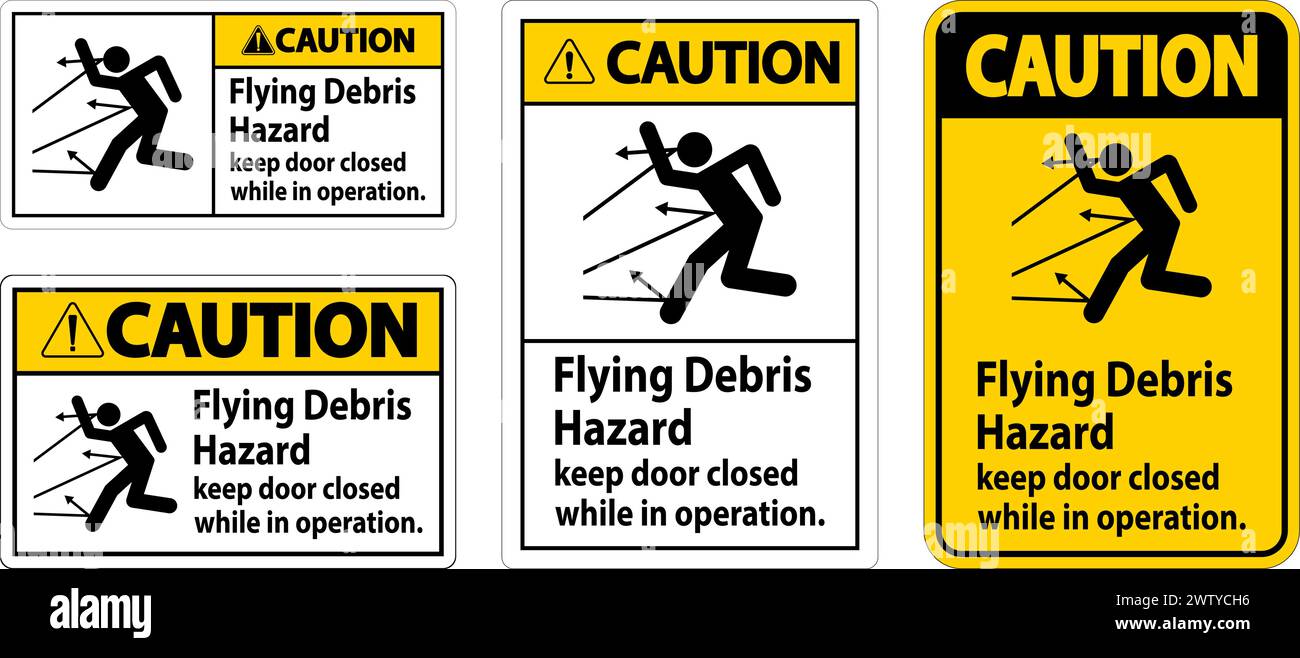 Caution sign indicating the risk of flying debris, advising to keep the ...