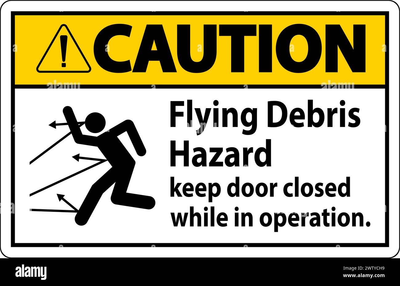Caution sign indicating the risk of flying debris, advising to keep the ...