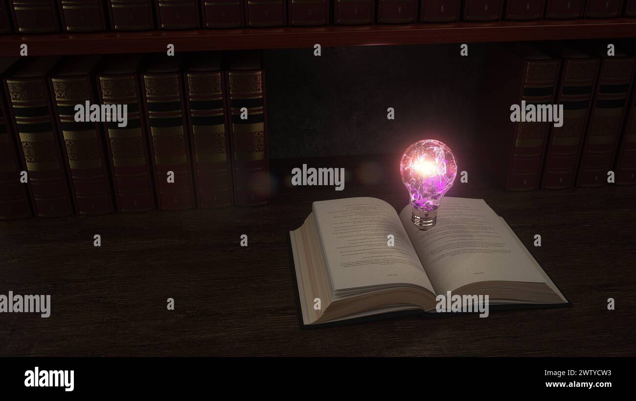 Open Book Glowing Light Bulb Bookshelf - 3D illustration Open book with a glowing light bulb. 3d ...