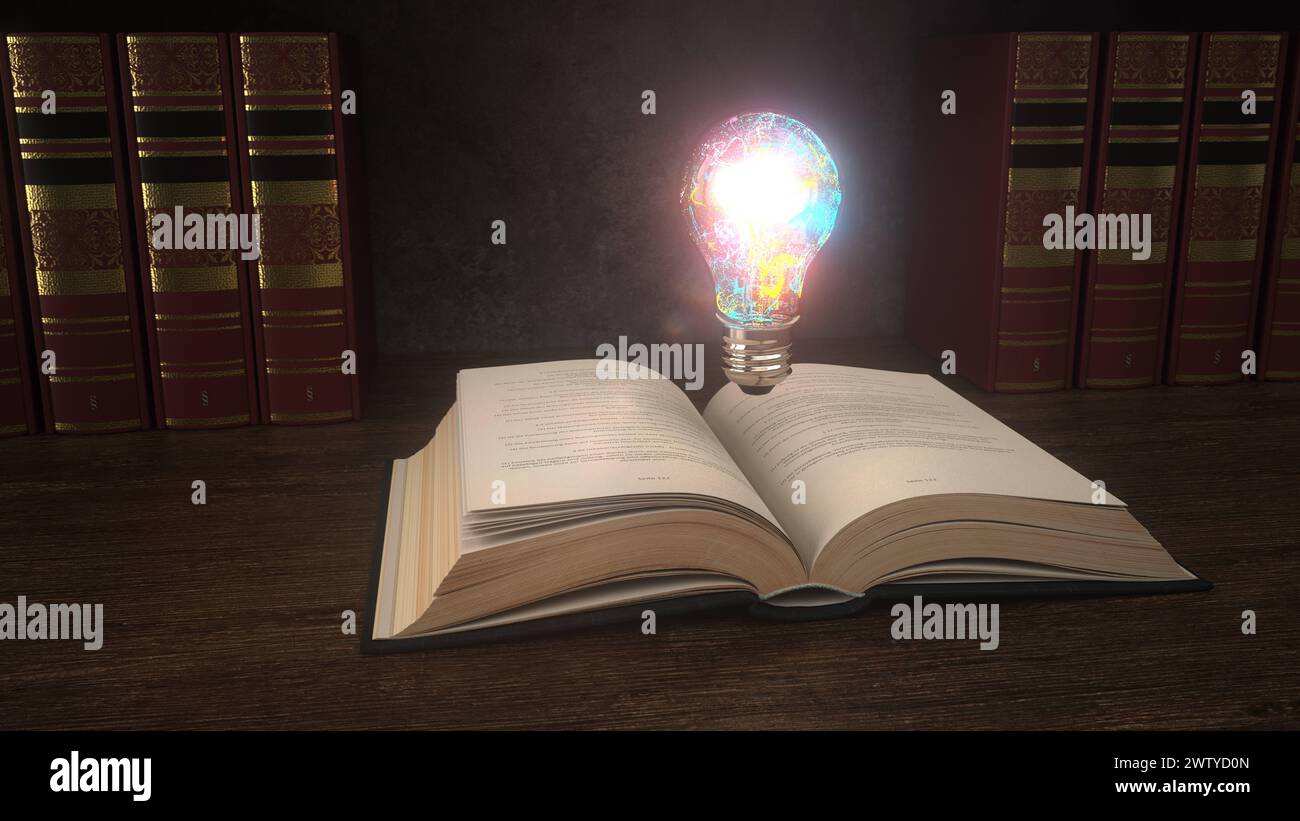 Open Book Glowing Light Bulb Bookshelf - 3D illustration Open book with a glowing light bulb. 3d ...
