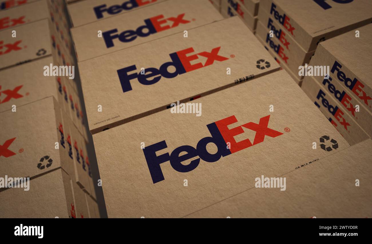 Poznan, Poland, March 12, 2024: Fedex delivery box production line ...