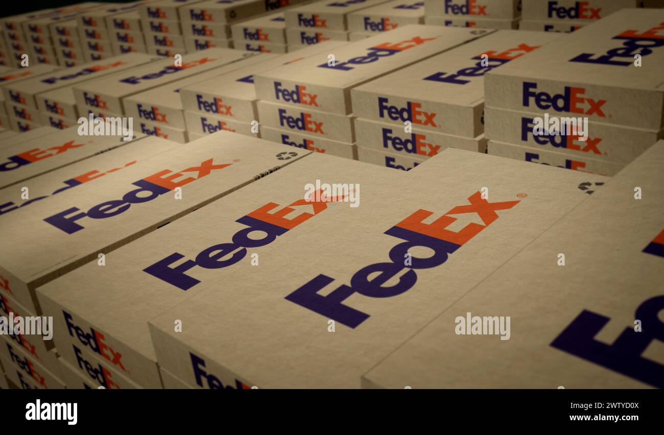 Poznan, Poland, March 12, 2024: Fedex delivery box production line ...