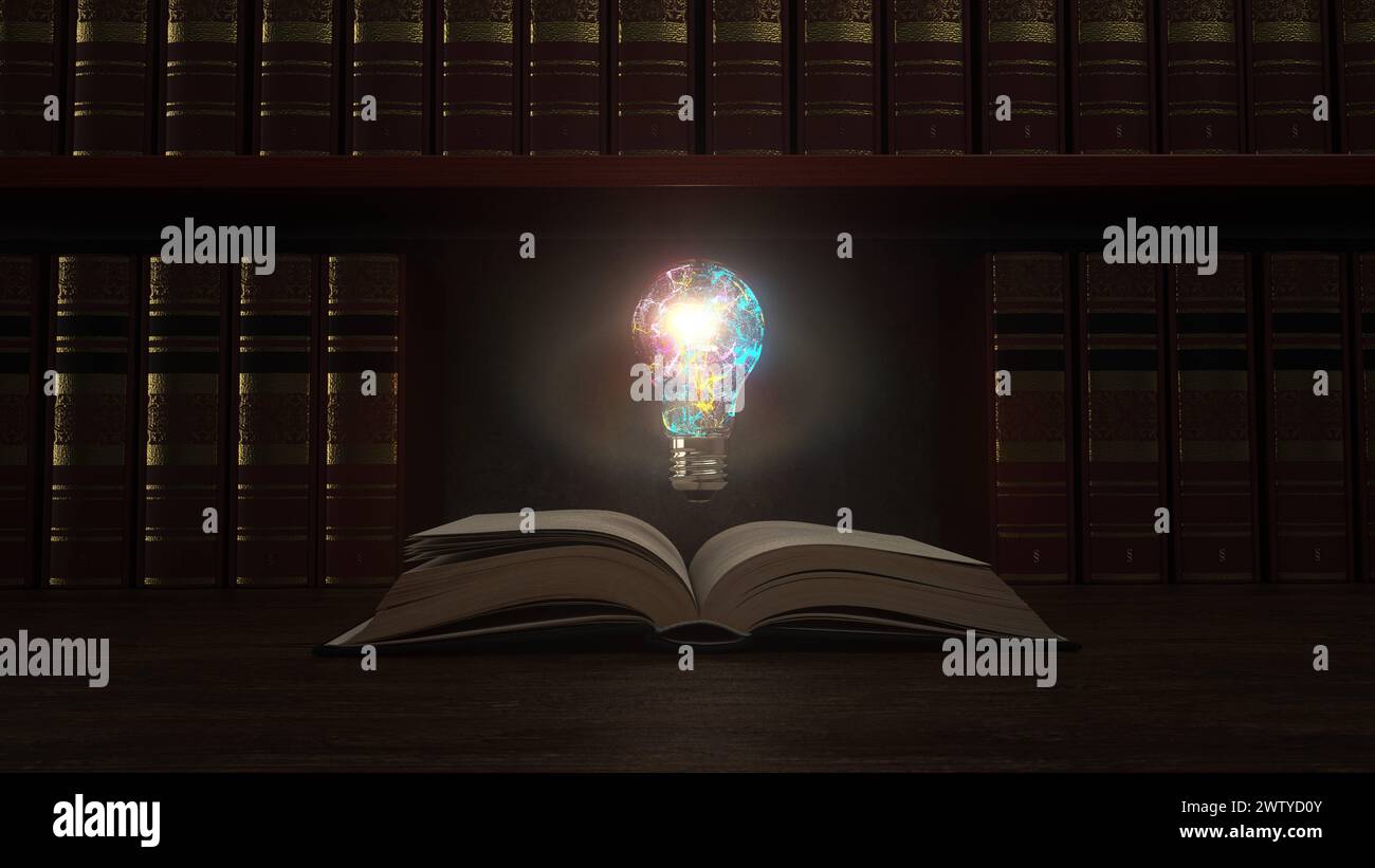 Open Book Glowing Light Bulb Bookshelf - 3D illustration Open book with a glowing light bulb. 3d ...