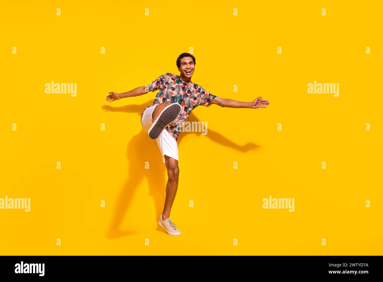 Full length photo of funny man in stylish outfit big step forward ...