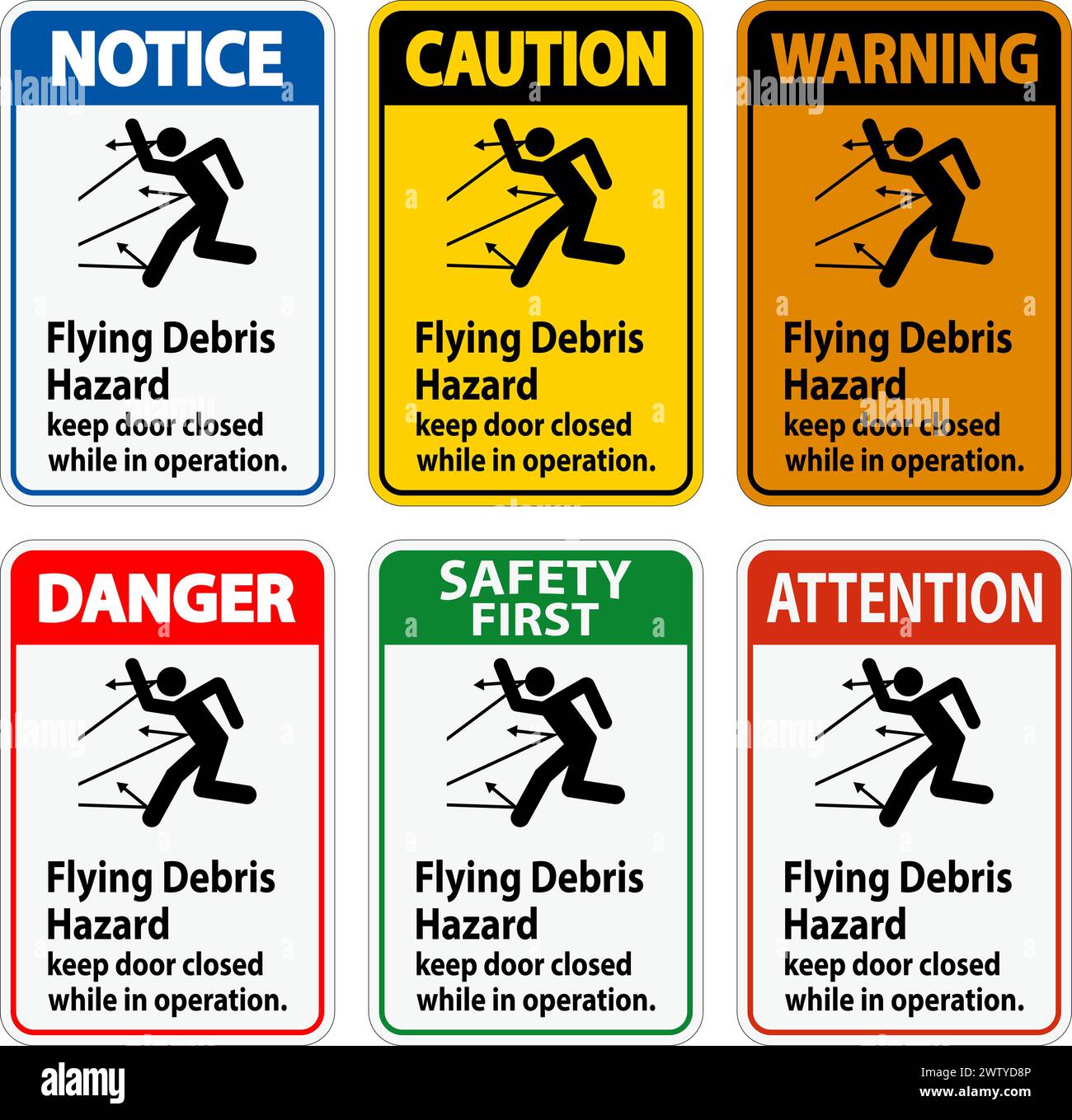 Warning sign indicating the risk of flying debris, advising to keep the ...
