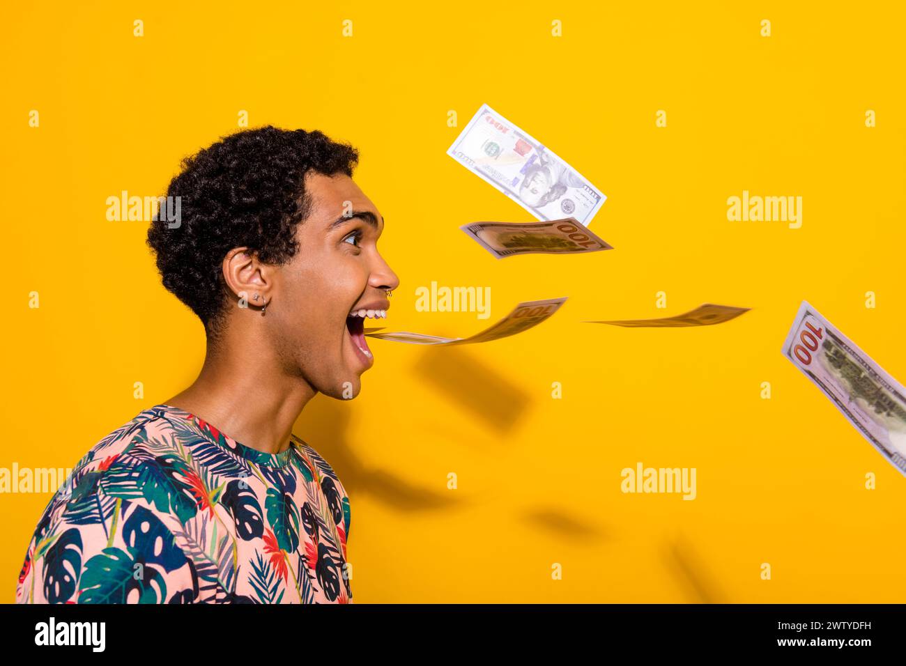 Side profile photo of funny crazy student man open mouth screaming ...
