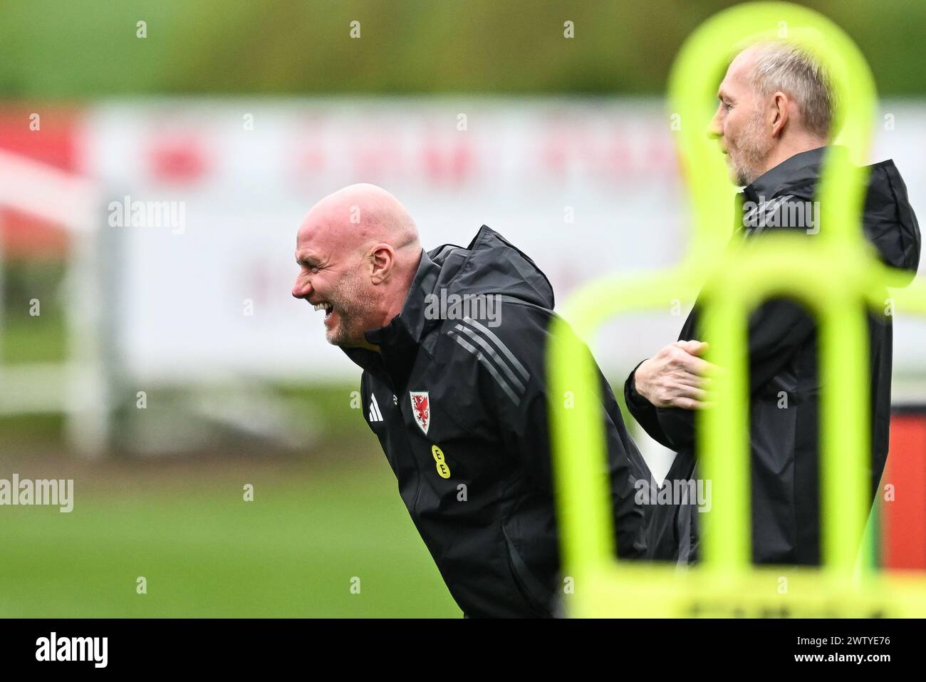Rob Page Manager of Wales during warms up ahead of the Wales open ...
