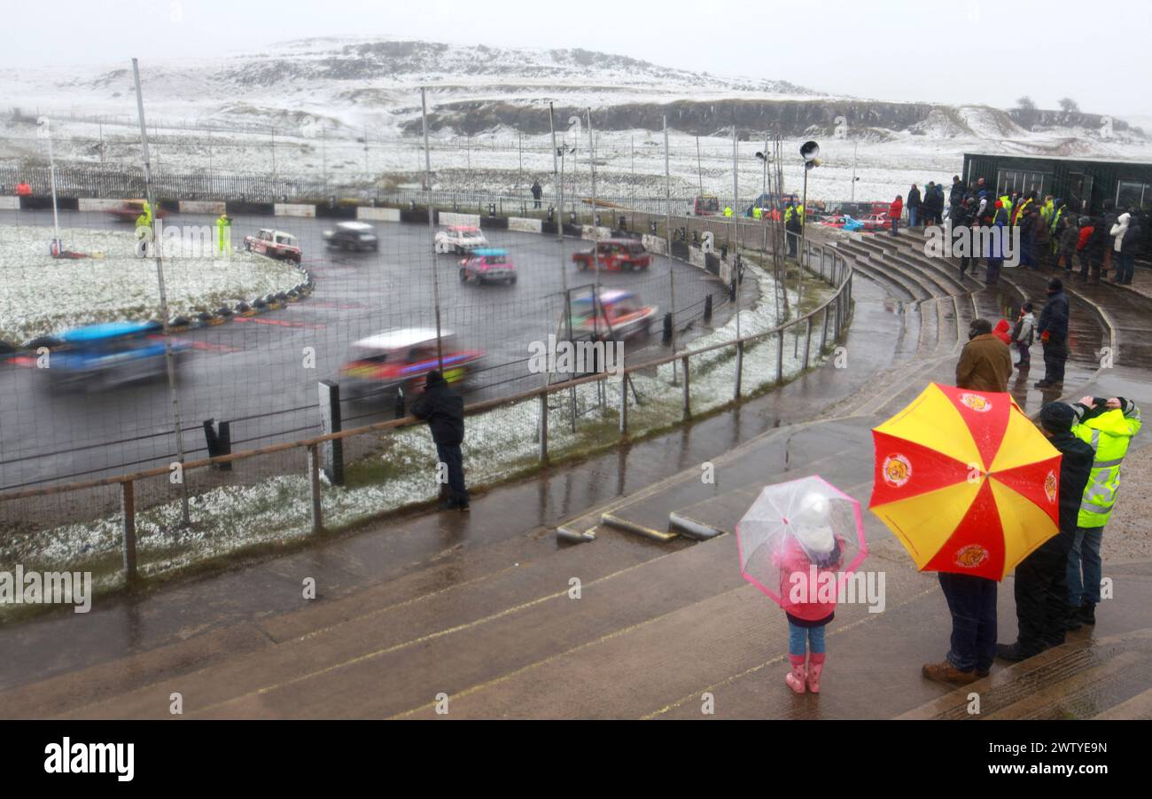 04/03/2012..Banger racers struggle to get round an icy track as hardy ...