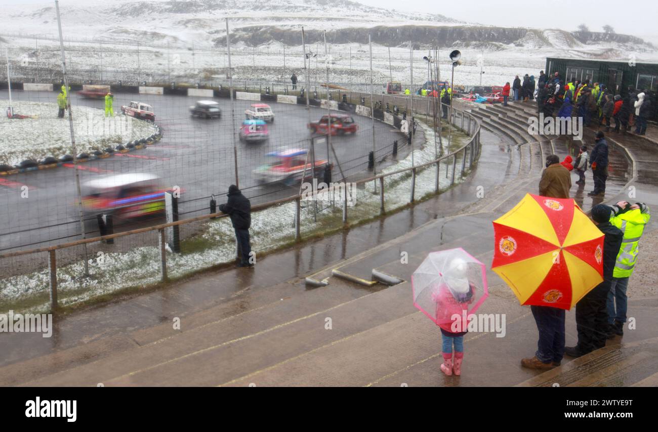 04/03/2012..Banger racers struggle to get round an icy track as hardy spectators brave snow and ...